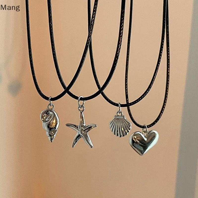 [Mang] Retro Black Rope Heart Shell Pendant Necklace For Women Starfish Clavicle Chain Necklace ...