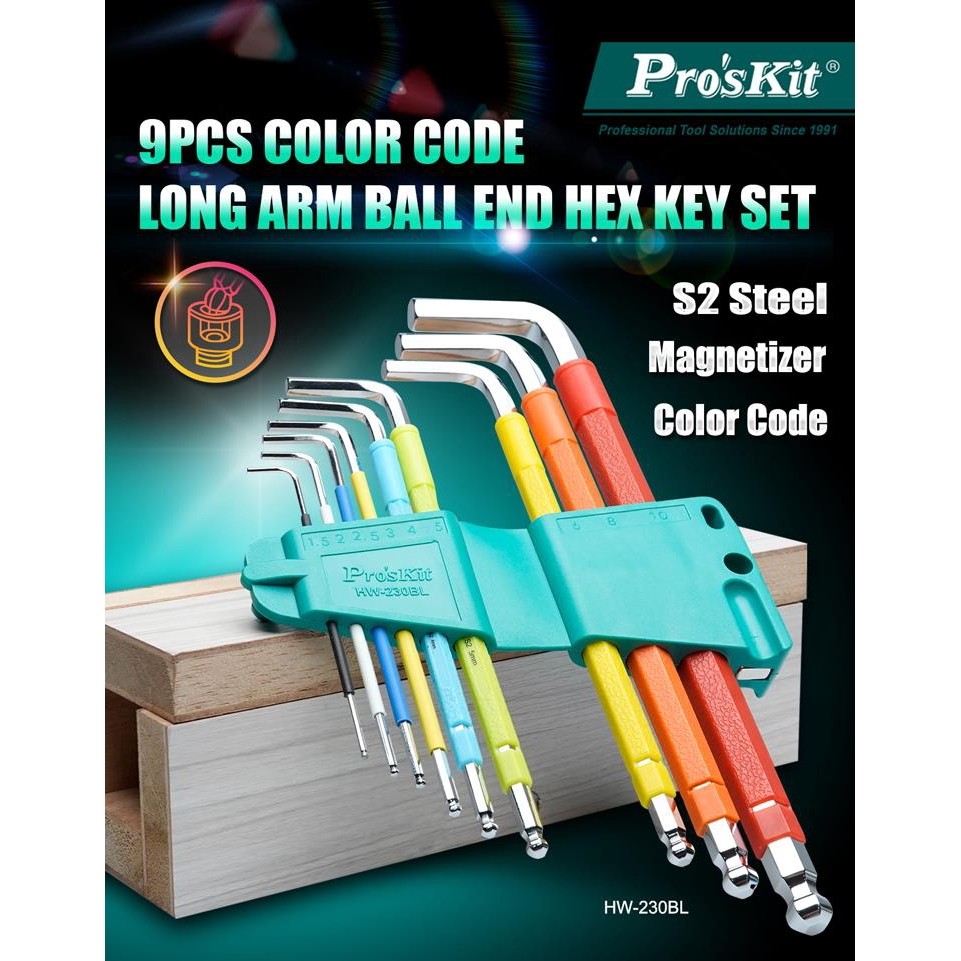 Pro'sKit HW-230BL 9PCS Colour Coded Extra Long Arm Ball Point Hex Key Set (Metric) | Shopee Malaysia