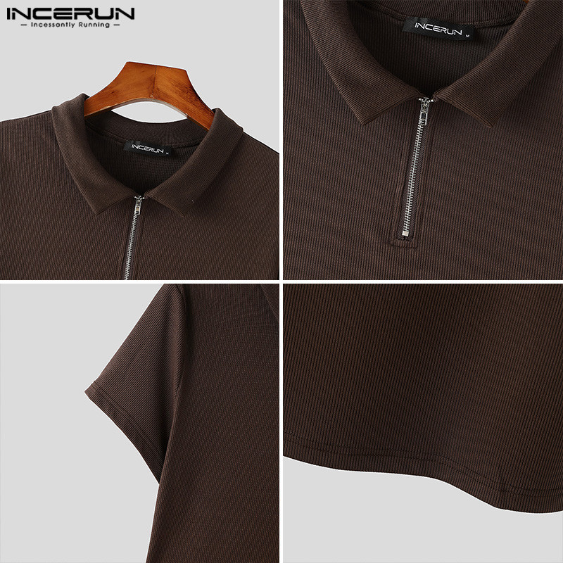 INCERUN Men Korean Fashionable Solid Color Stripe Zipper Lapel POLO ...