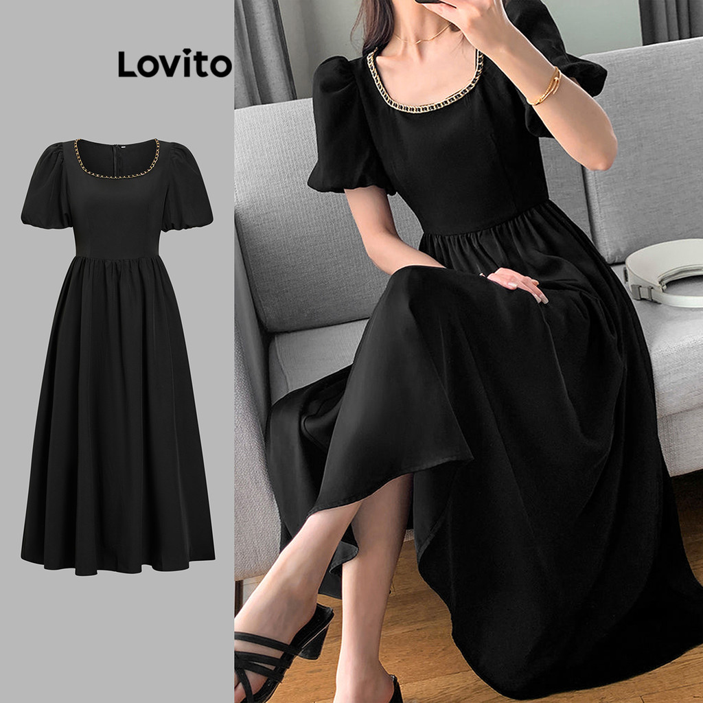 Lovito Elegant Plain Contrast Collar Braid Dress for Women L105MD488 ...