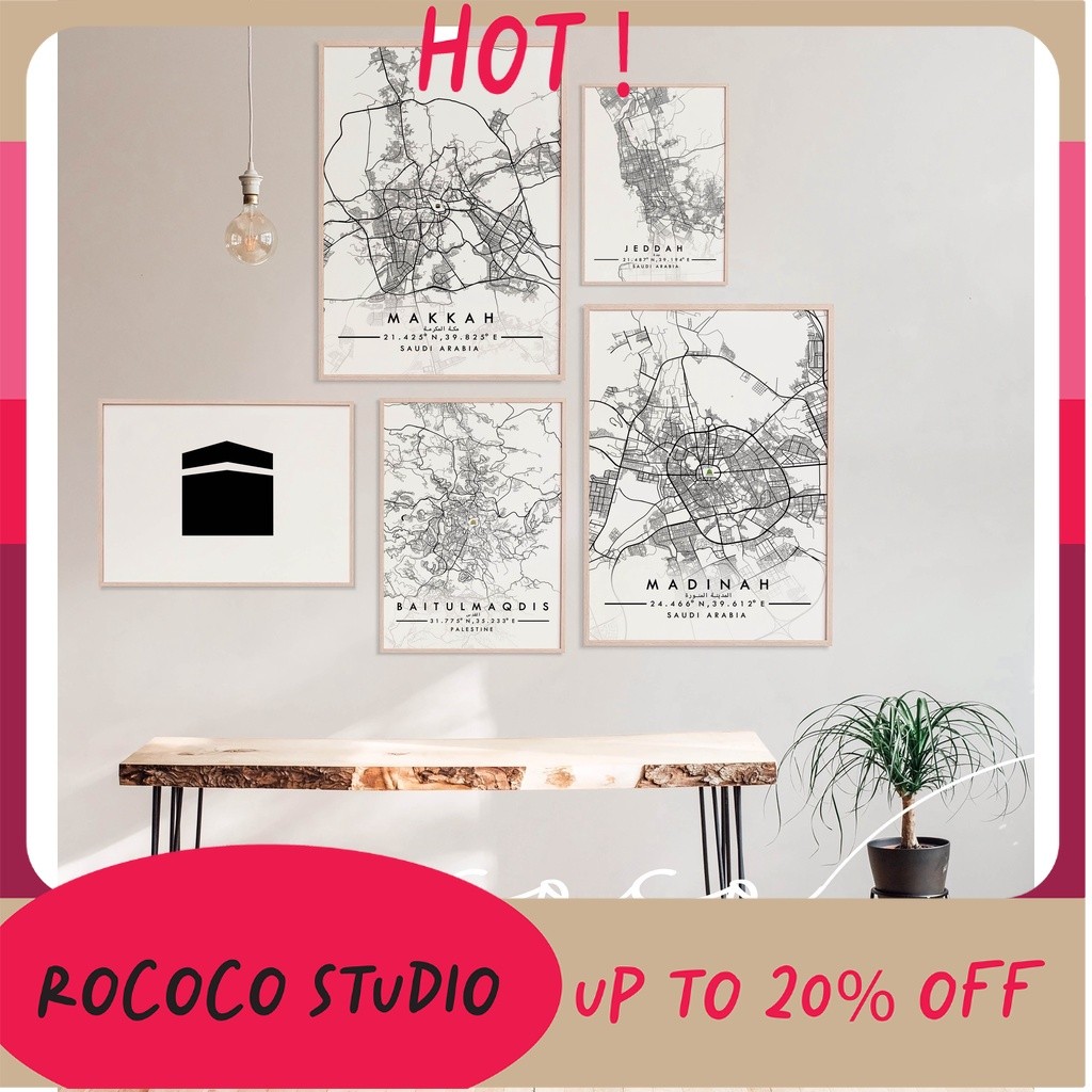 Rococo Frame | Mekah Madinah Aqsa Islamic Map Peta Minimalist Back and ...