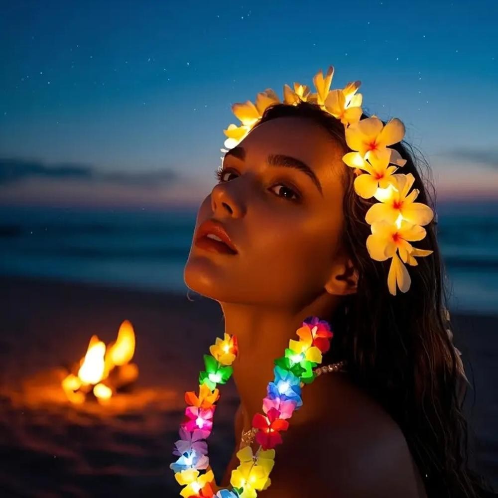 1Pcs Light Up Hawaiian Leis Tropical LED Glow Necklaces For Luau Party Artificial Rainbow Lei ...