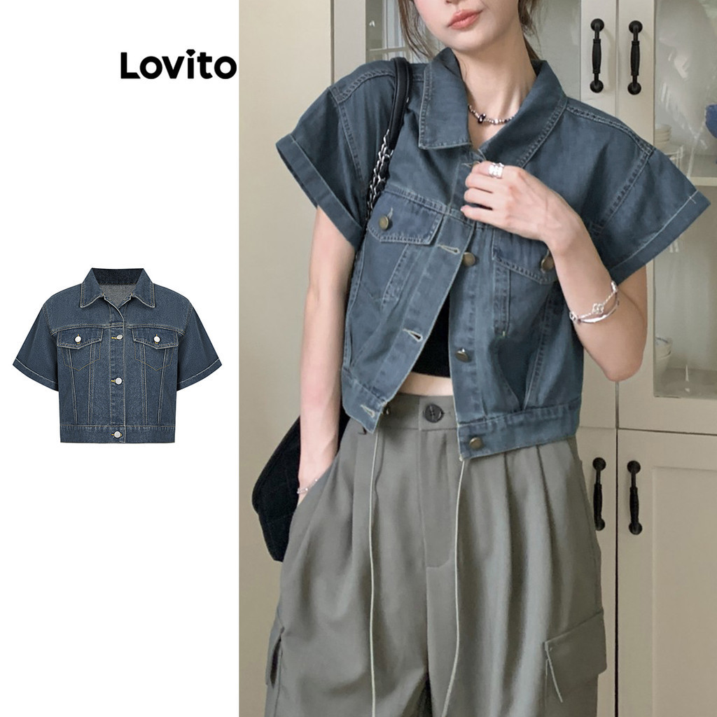 Lovito Casual Plain Button Flip Up Denim Jacket for Women L70AD068 ...