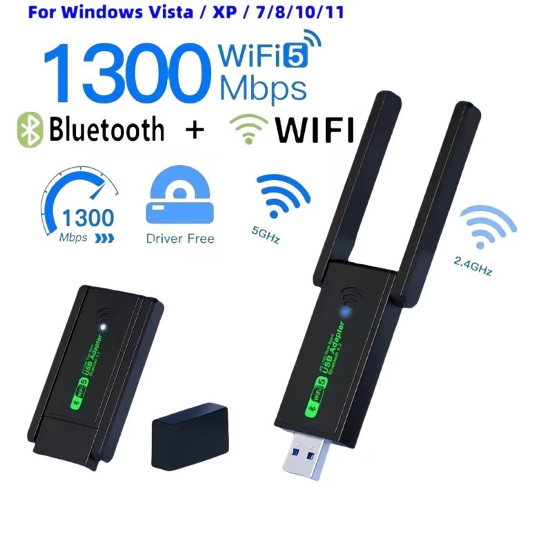 1300Mbps WiFi Adapter Dual Band 2.4G/5Ghz Wi-Fi Dongle Bluetooth ...