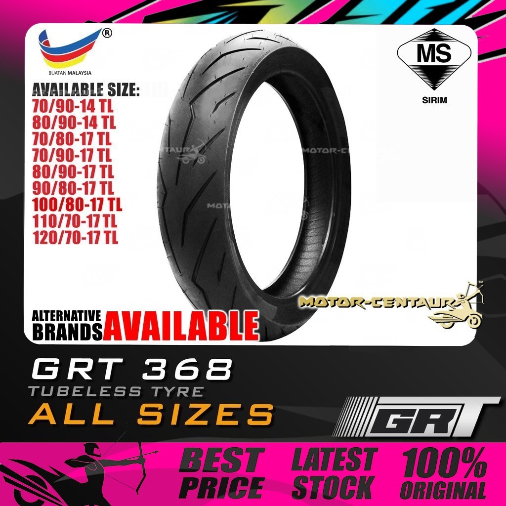 TAYAR MOTORSIKAL GRT GRT368 TUBELESS TYRE 70, 80, 90, 100, 110, 120 -14 ...
