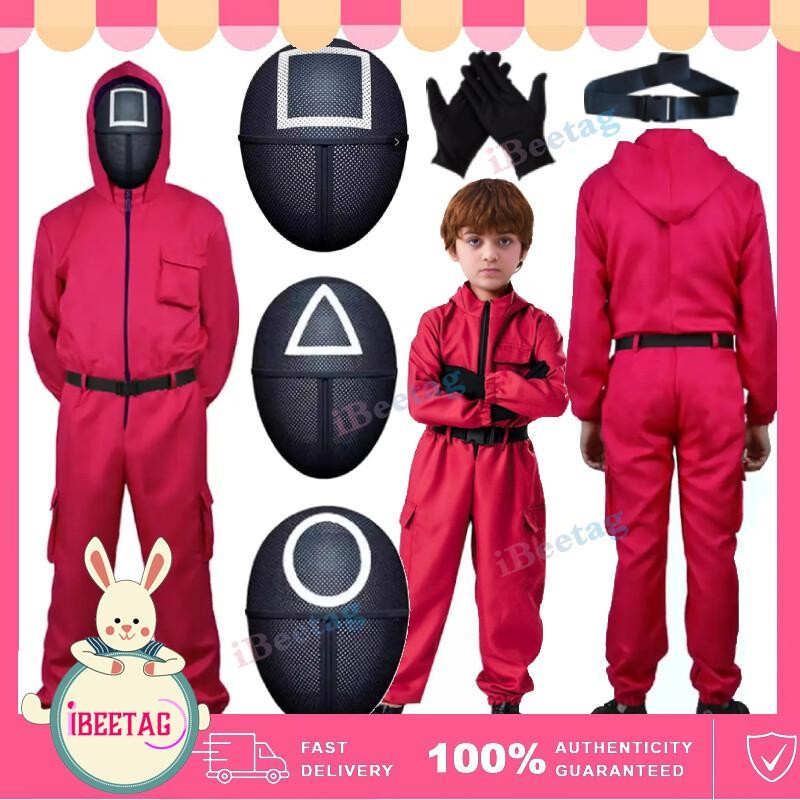 Adult&Kids Full Set Squid Game Guard Cosplay Costume Red Jumpsuit ...