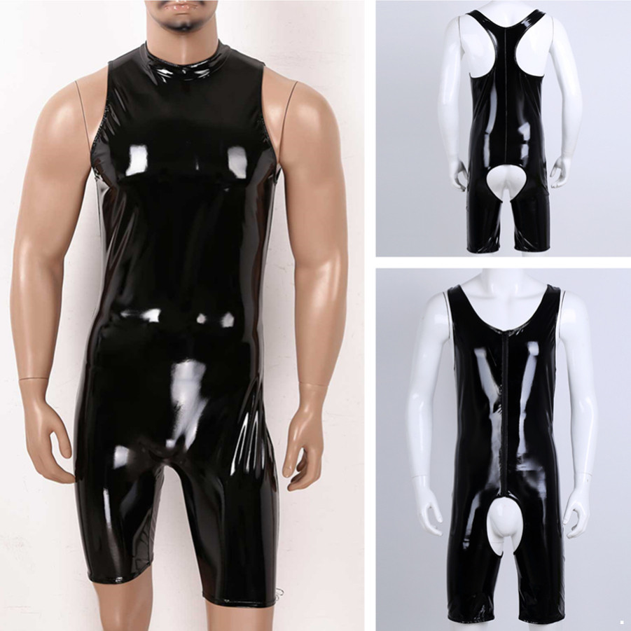 JanJean Mens Wetlook Patent Leather One-piece Sleeveless Front Zipper ...