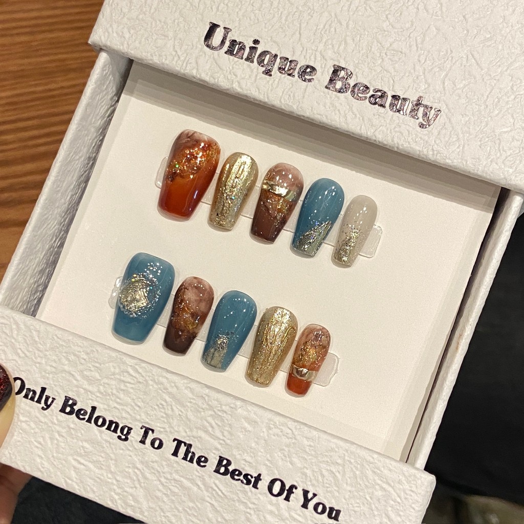 [5in1 Toolkit+HANDMADE]Comet Leap New Hand-painted Autumn Winter Hot Short Trapezoid Fake Nails ...