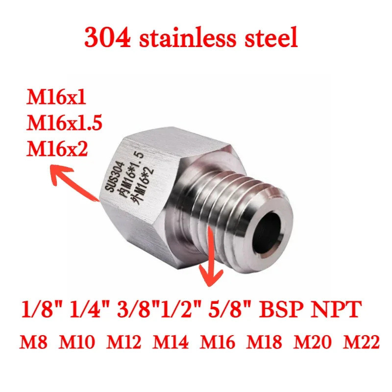 M16 Female to Male M8 M10 M14 1/8" 1/4" BSP NPT Hex Reducer Bushing 304 Stainless Steel High ...