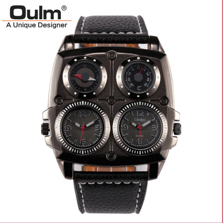 Oulm Large Dial Fashion Casual Men's Watch Large Dial Dual Time Zone ...