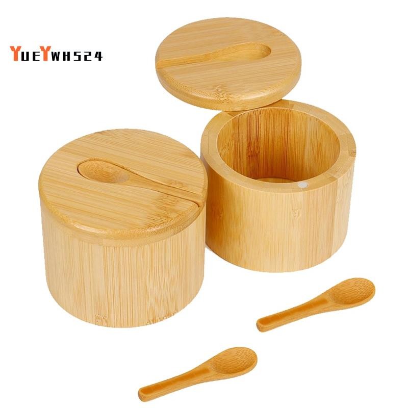 2Pcs Bamboo Salt Cellar Spice Storage Box with Magnetic Swivel Lid ...
