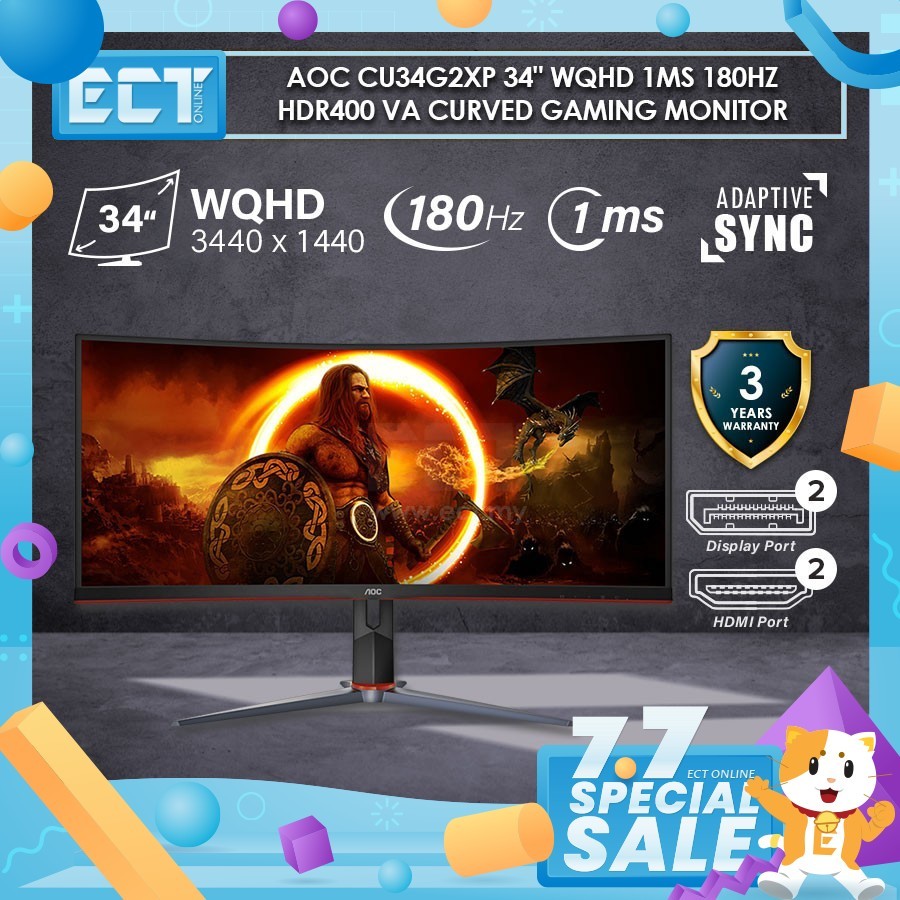 AOC CU34G2XP 34" WQHD (3440 x 1440) 1ms 180Hz HDR400 VA Curved Gaming ...