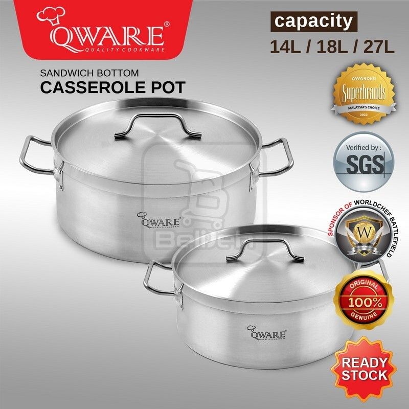 【Qware】3-ply Stainless Steel Sandwich Bottom Casserole Pot with Lid ...