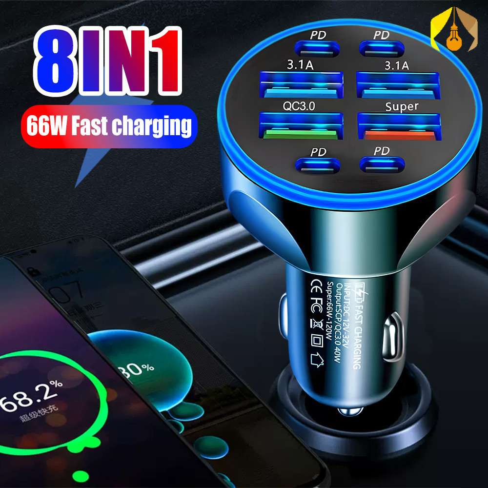 Modern Minimalist 66W Eight Port Car Charger - Convenient 380W 2 PD 3 ...