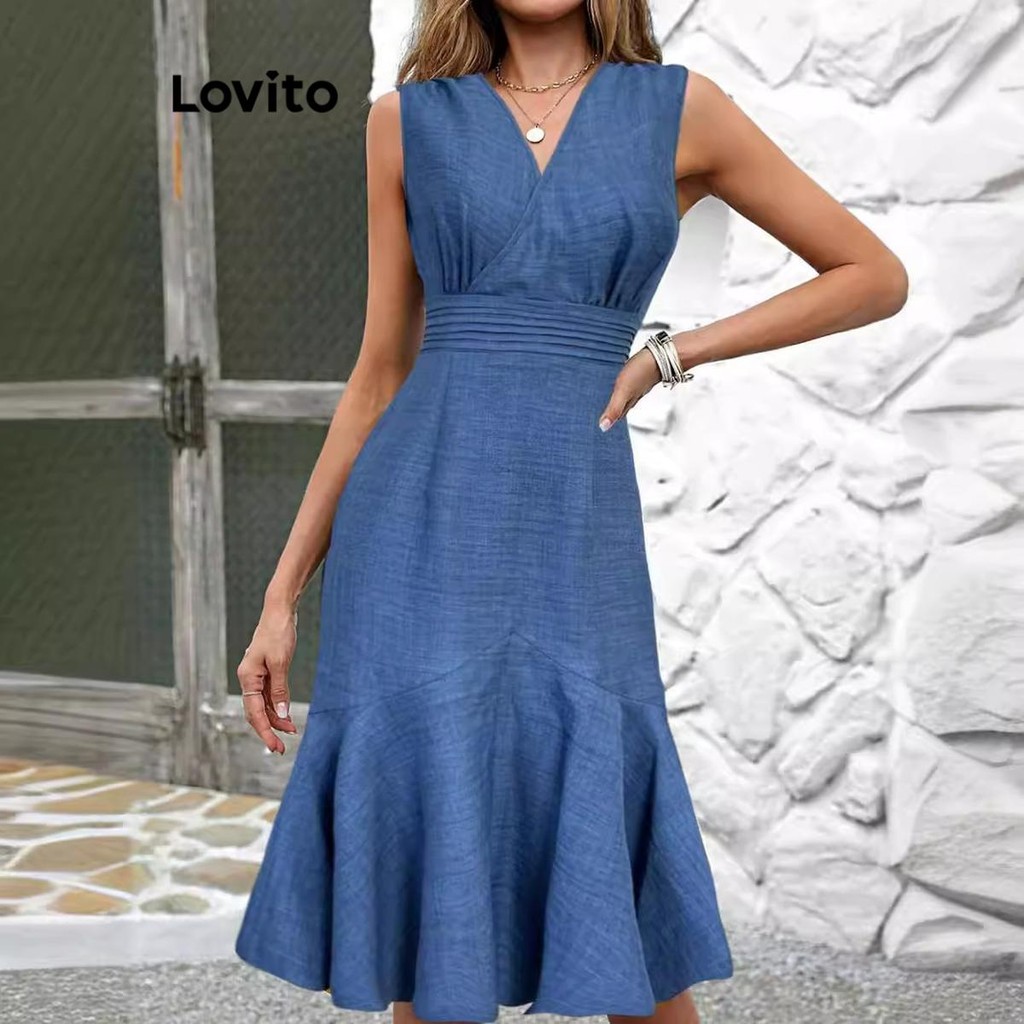Lovito Elegant Dress Plain Structure Line Ruffle Pleated Dress for ...