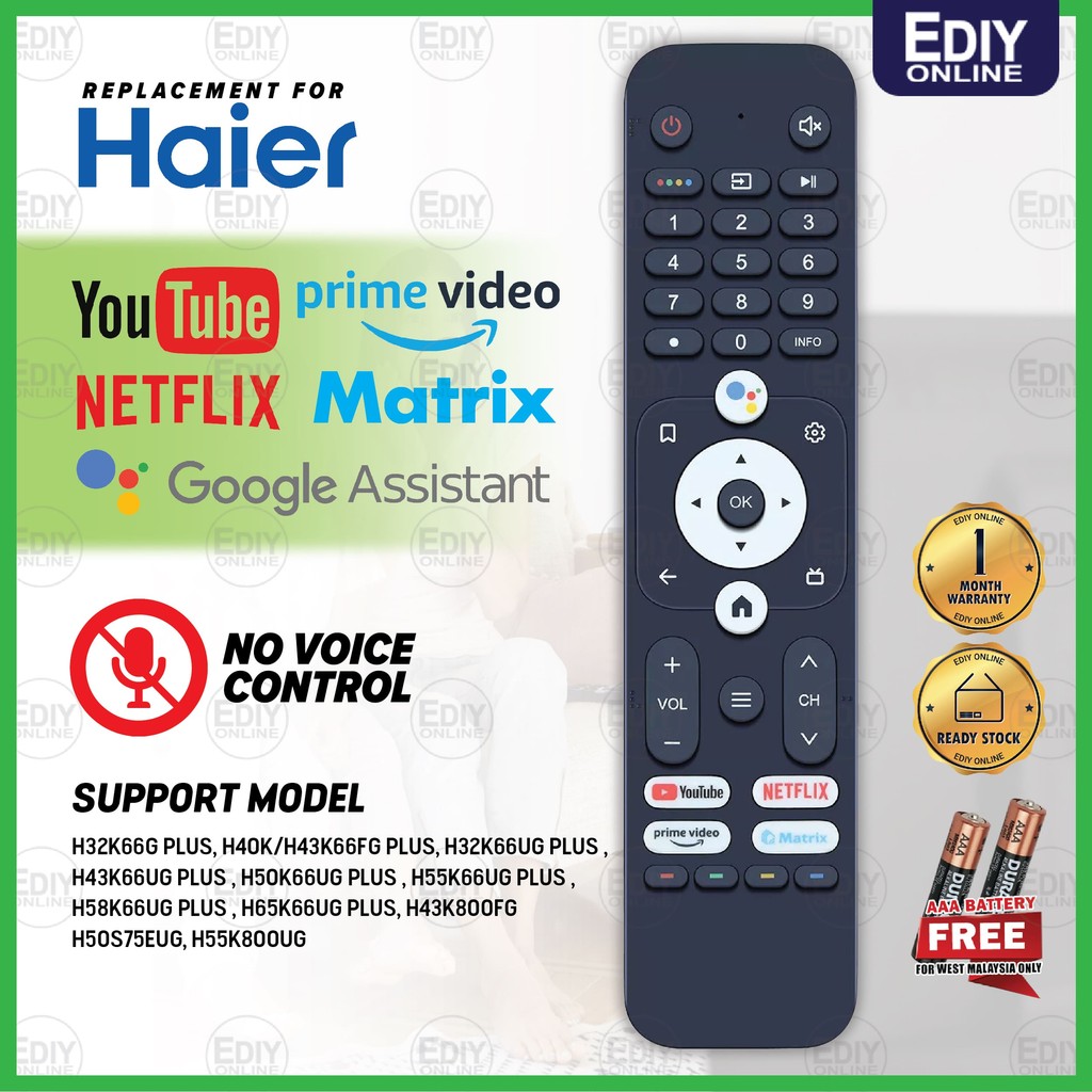 【𝐅𝐑𝐄𝐄 𝐁𝐀𝐓𝐓𝐄𝐑𝐘 𝐀𝐀𝐀𝐗𝟐】Smart TV Remote For HAIER HTR-U31 Netflix YouTube Android UHD LED H43K66UG ...