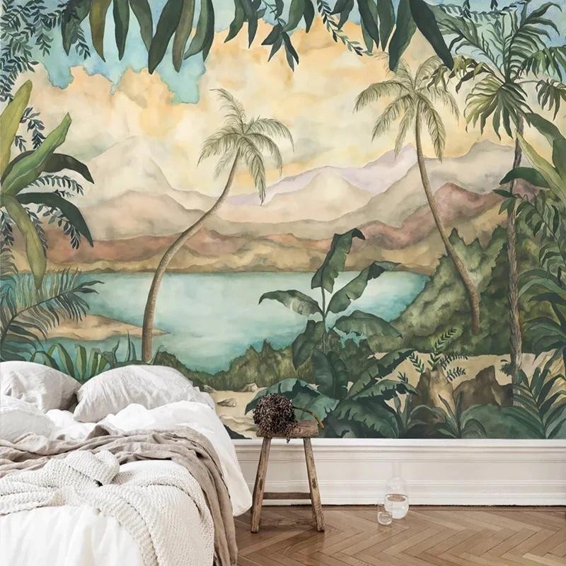 Vintage Rainforest Plant Leaf Coconut Tree Landscape Mural Wallpaper ...