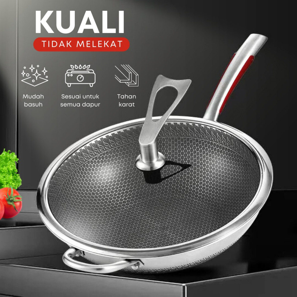 Premium 316 Stainless Steel 34cm Non-Stick Honey Comb Wok With Lid ...