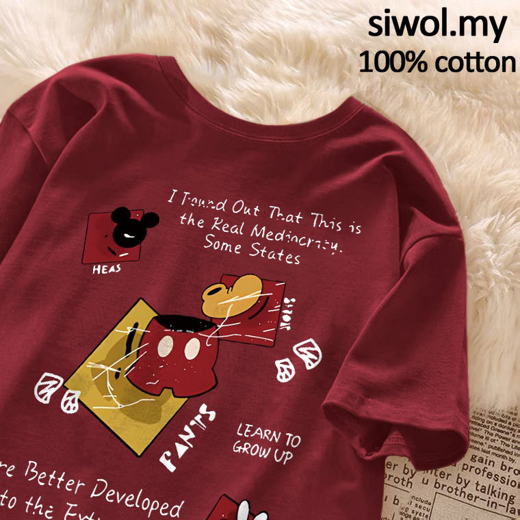 【siwol】Korean retro 100% cotton Mickey Mouse print oversized Wine Red T ...