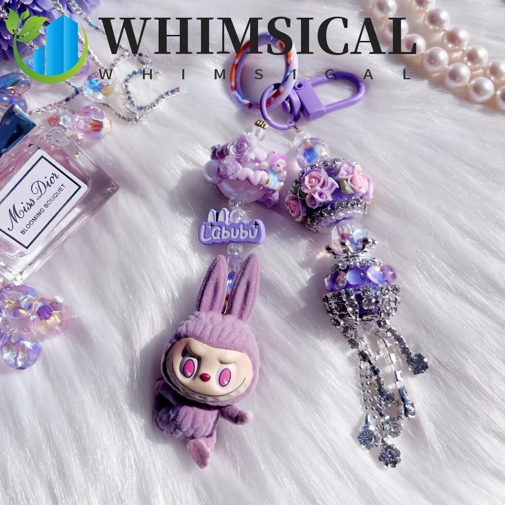WHIMSICAL Flocking Labubu Key Ring, Tassels Flower Sit Down Labubu ...