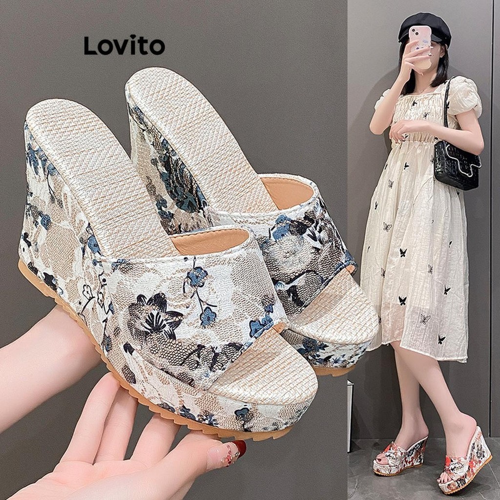 Lovito Elegant Heels Plain Tropical Flowers Wedge Exotic Style Vacation ...