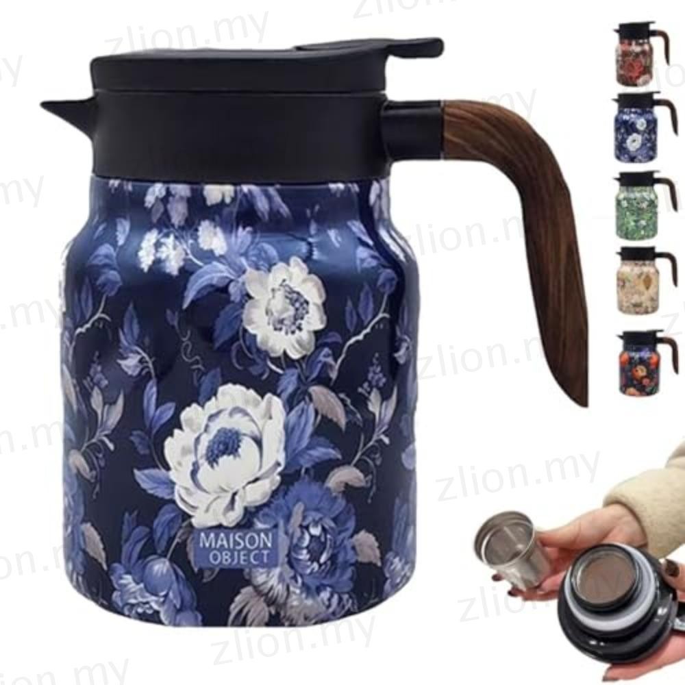 ZLION Thermal Tea Pot, Vintage Floral Pattern Stainless Steel Thermal Carafe, 1000ML Detachable ...