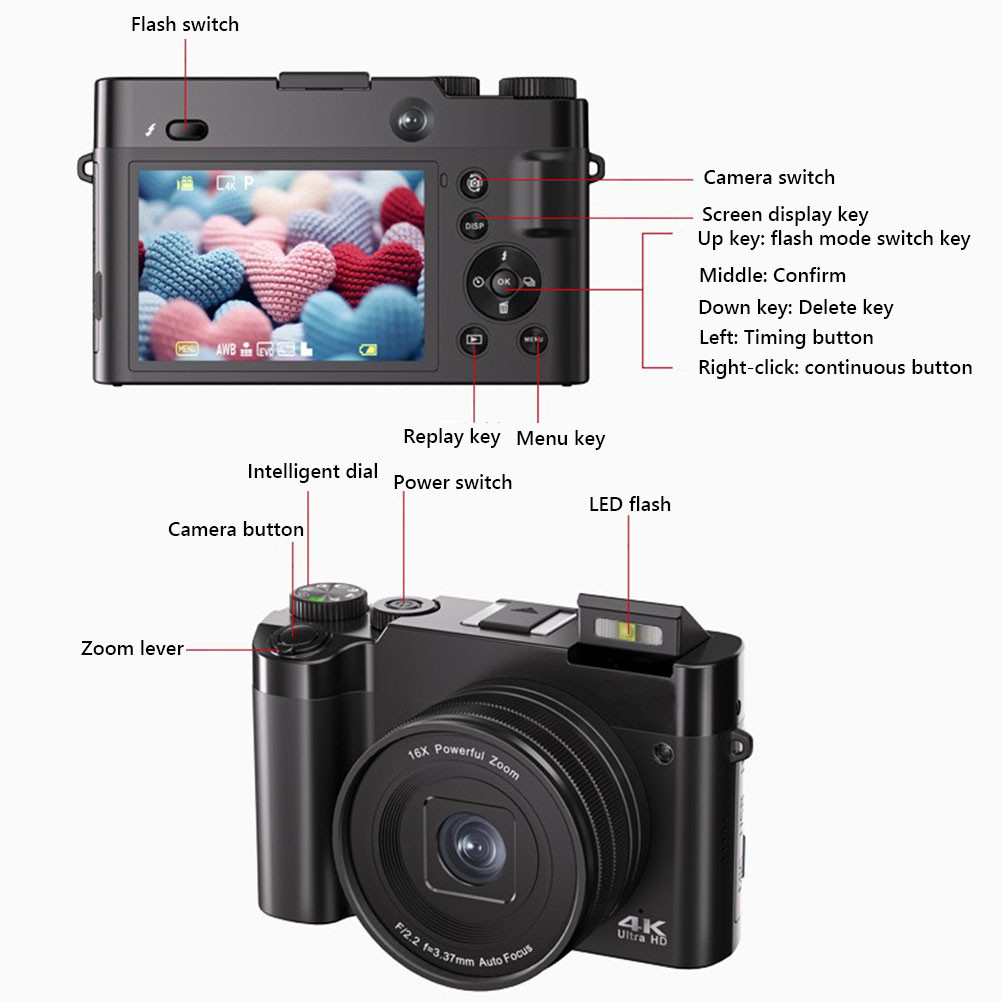 64MP Compact Cameras with 16X Digital Zoom with Battery Flash for ...