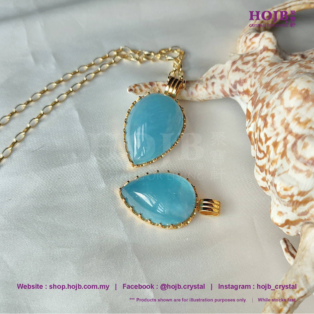HOJB High Grade Brazilian Aquamarine "Bodhi Leaf" S925 Gold Plated Pendant 33-37mm 聚寳軒优质巴西海蓝宝"菩提 ...