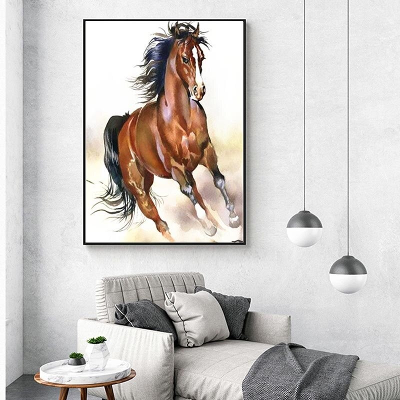 Cetak poster kuda berlari coklat, seni dinding moden untuk bilik tamu ...