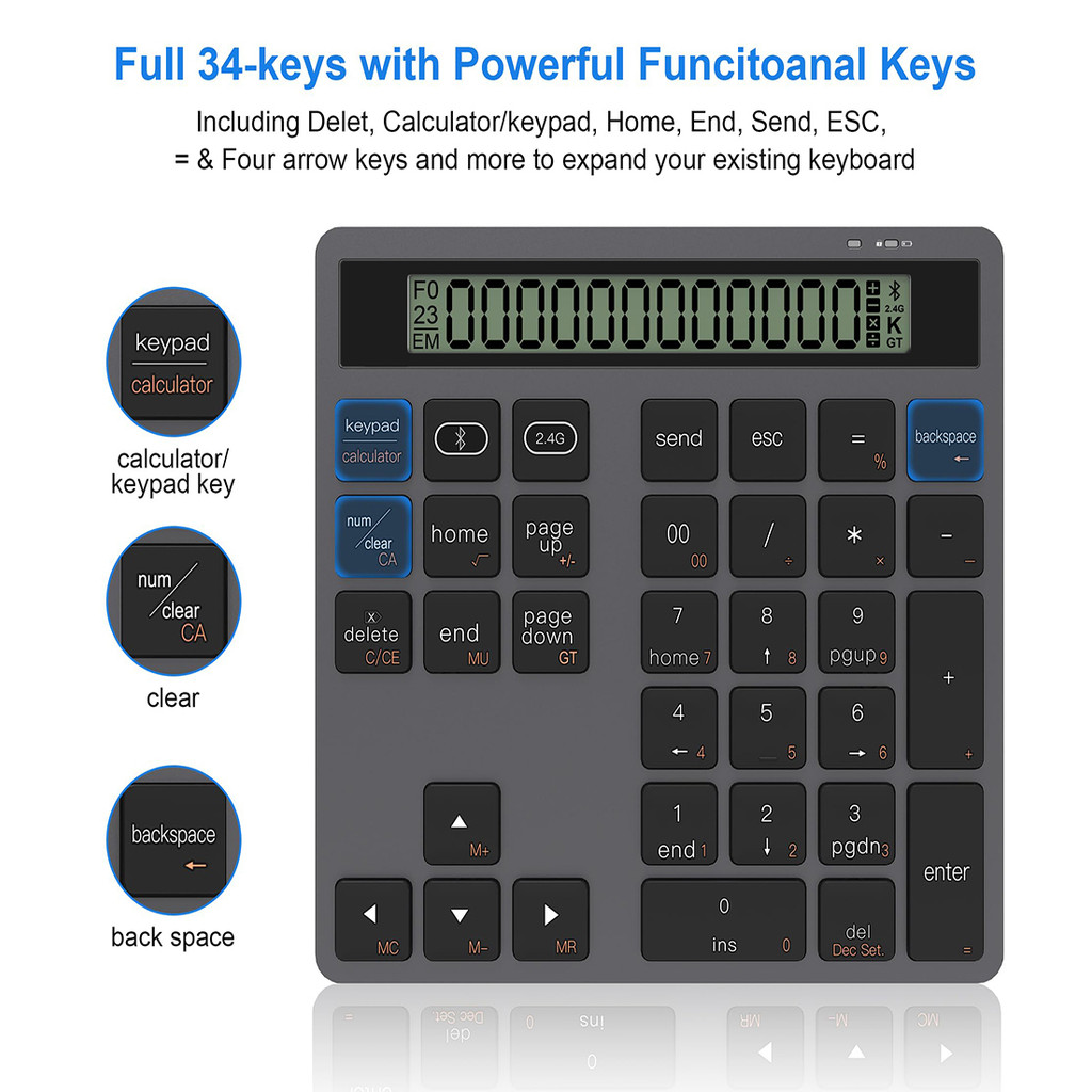 JOMAA Bluetooth 2.4G Wireless Numeric Keyboard with Display Calculator ...