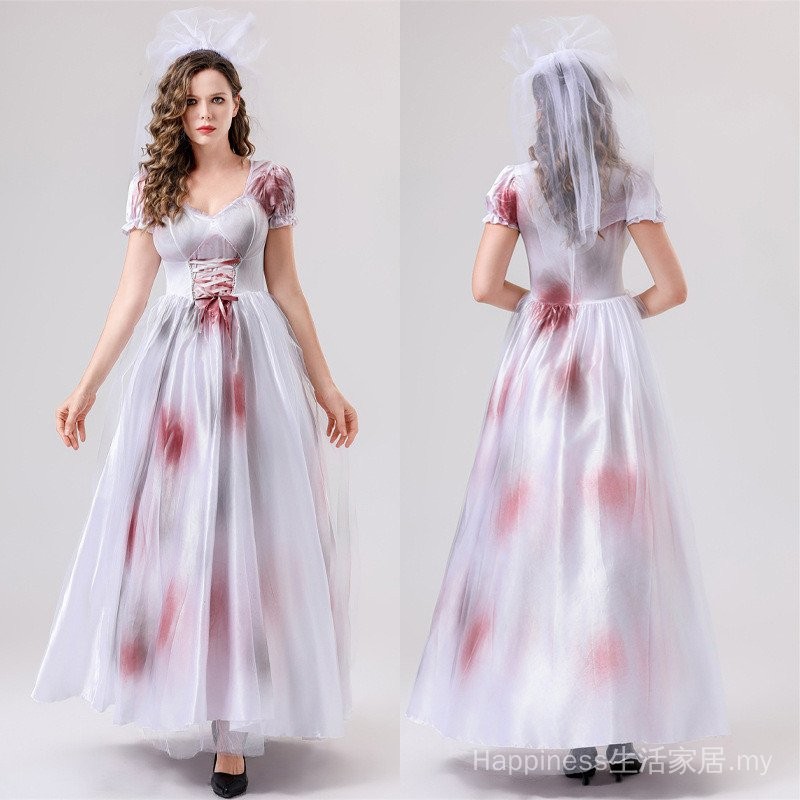 24 Hours Delivery Halloween Vampire White Long Veil Blood White Dress ...