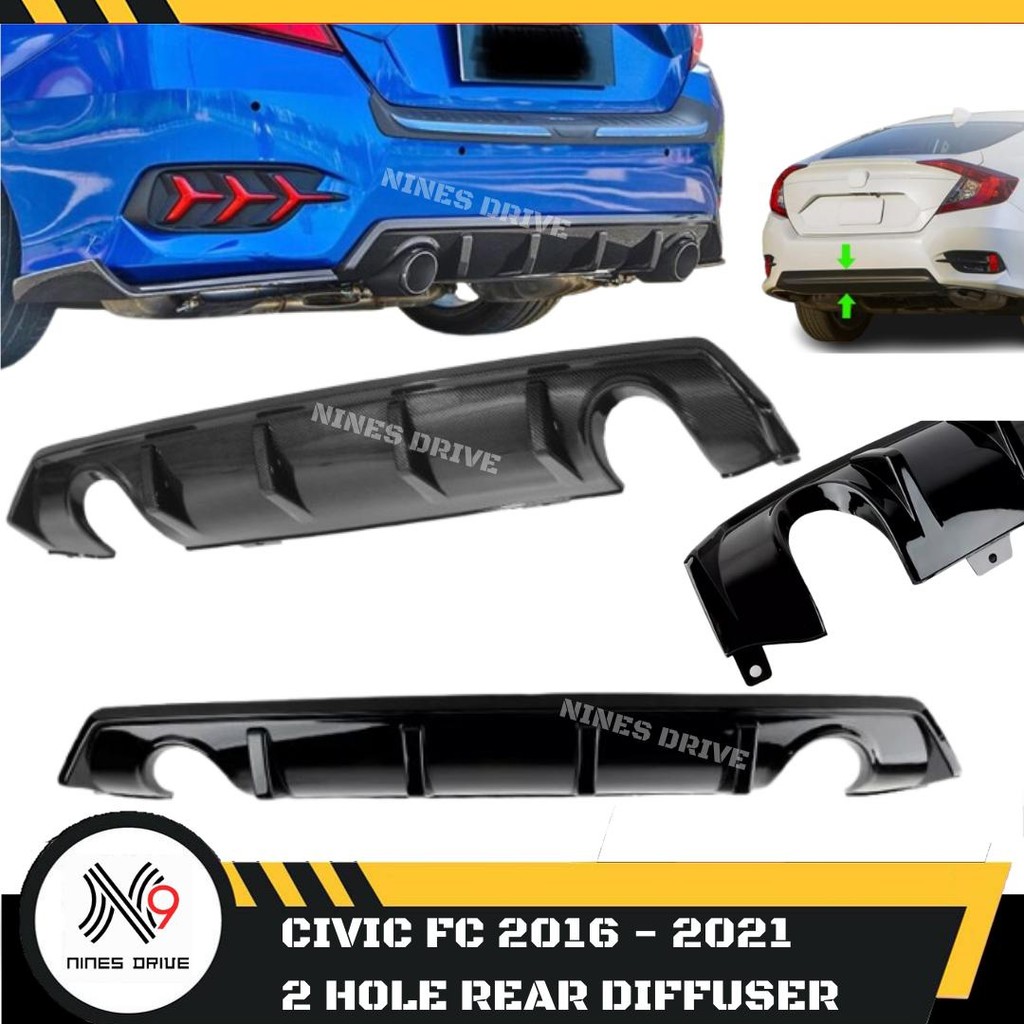 CIVIC FC 2016 - 2021 10TH GEN 2 HOLE REAR DIFFUSER - MATT BLACK GLOSSY ...