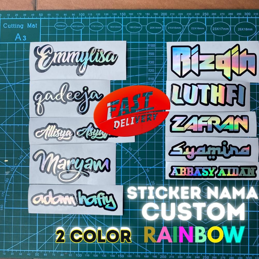 Sticker Nama Rainbow Hologram Custom 2 Color VIRAL Motor Kereta ...