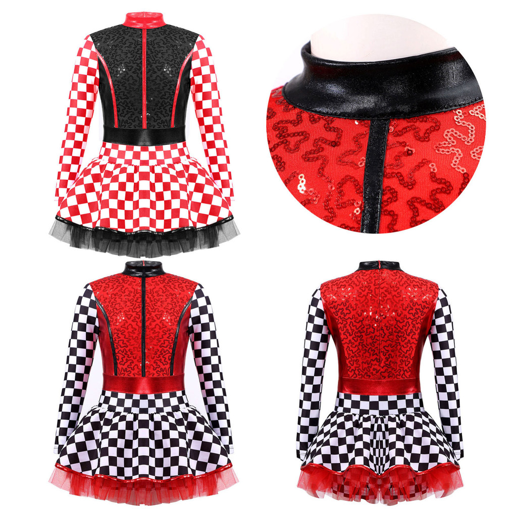 Hedmy Kids Girls Racer Racing Driver Costume Checkerboard Long Sleeve ...