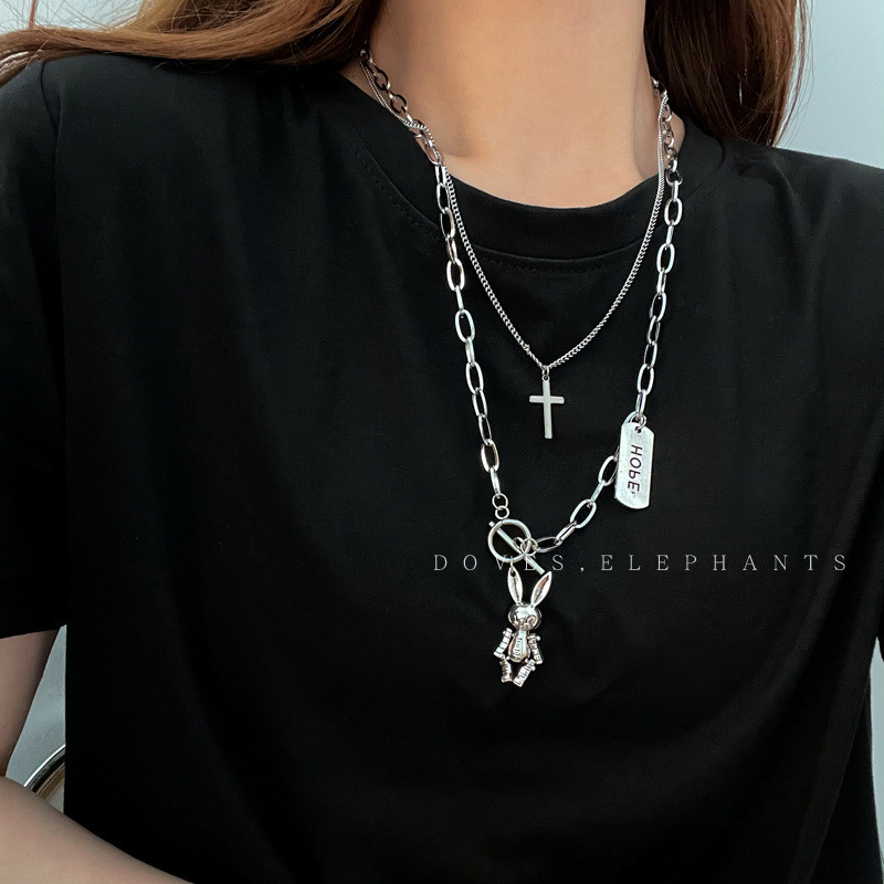 Stacking Mechanical Rabbit Cross Necklace Female ins Hip Hop Double ...