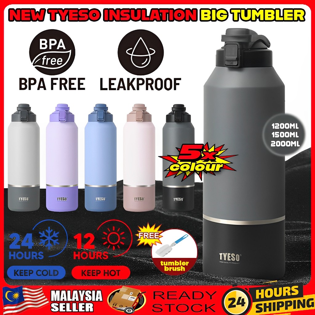 TYESO Vacuum Insulated Large Thermos Tumbler 1200/1500/2000ml Double Wall 304 Sport Bottle Botol ...