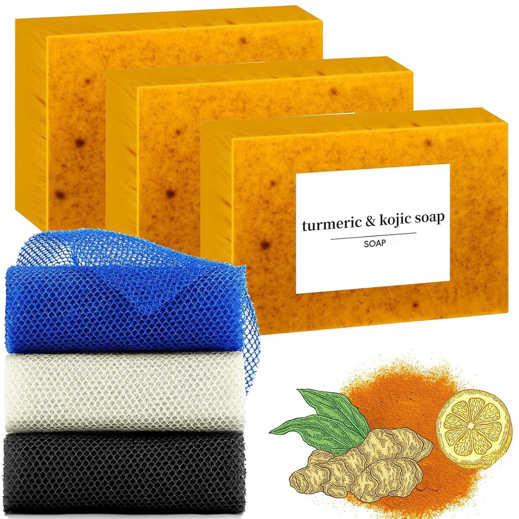 Turmeric Soap and African Net Sponge with Knots, Lemon Turmeric Kojic ...