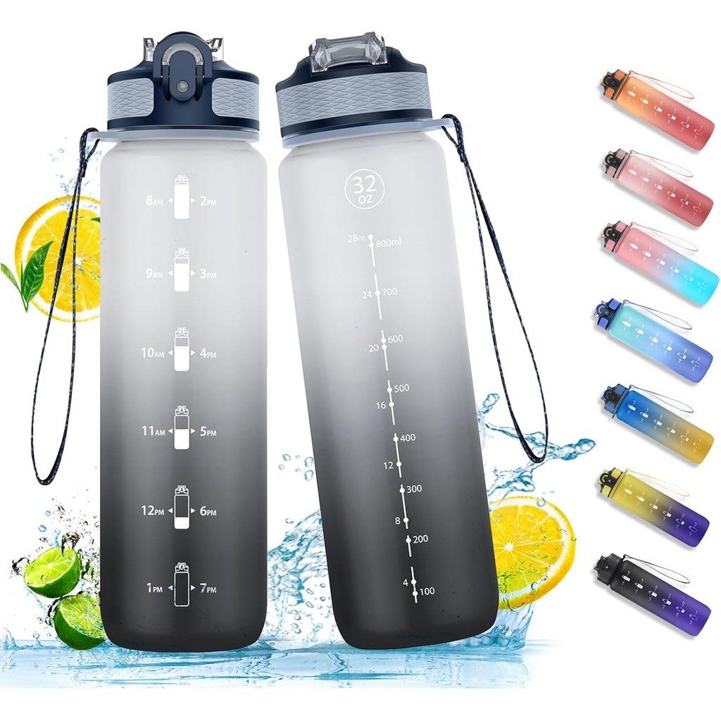 Water Bottle, 1L Sports Water Bottle with Straw, Time Markings, Leak ...