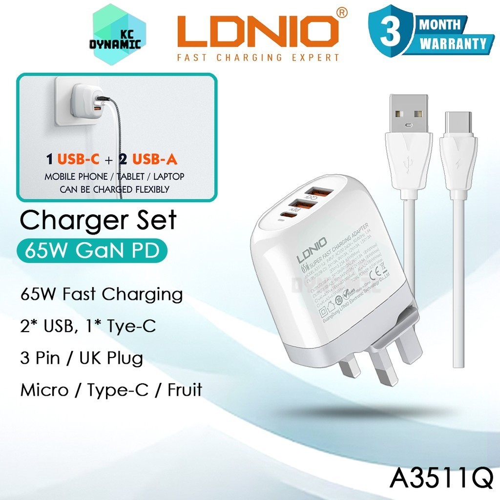 LDNIO A3511Q 65W Charger Set 65W Fast Charging Charger Adapter Set Wall ...