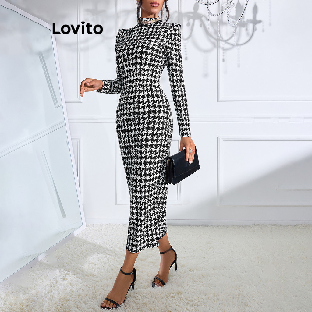 Lovito Sexy Dress Houndstooth Geometric Dress for Women LBL12360 ...