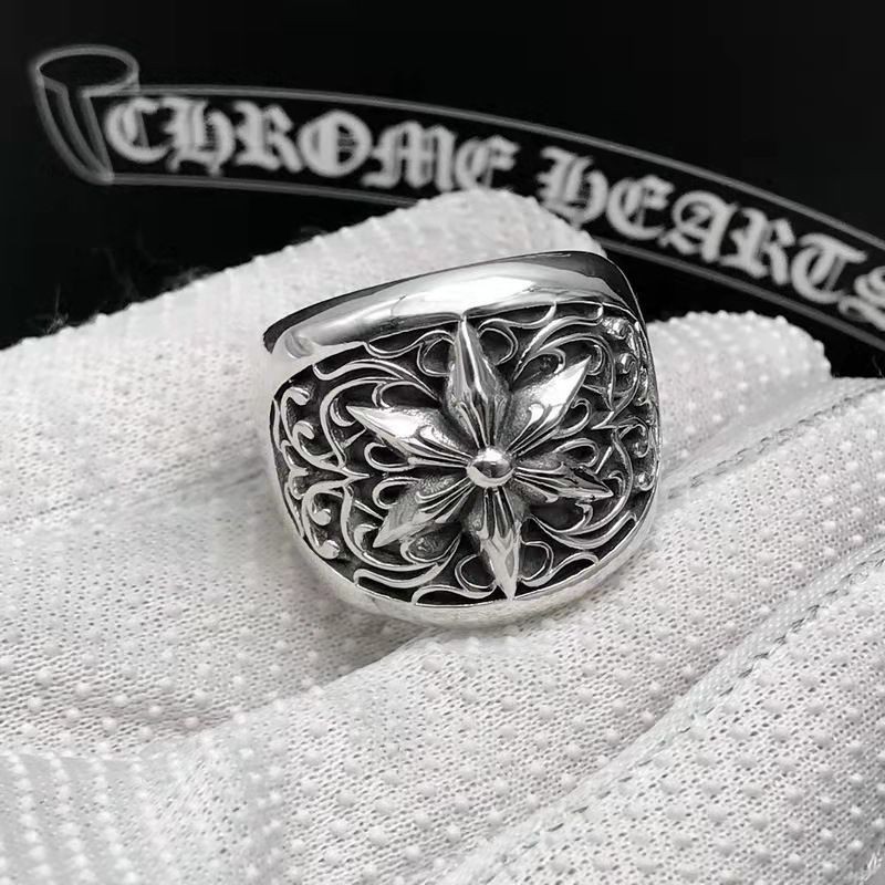 Retro silver domineering Tang grass pattern hexagram open ring Thai ...