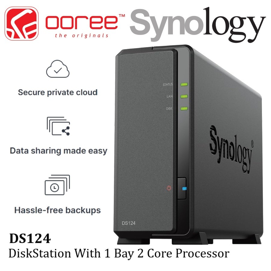 SYNOLOGY DS124 NAS DISKSTATION 1-BAY NAS 2-CORE PROCEESOR IDEAL DATA BACKUP HOME CLOUD STORAGE ...