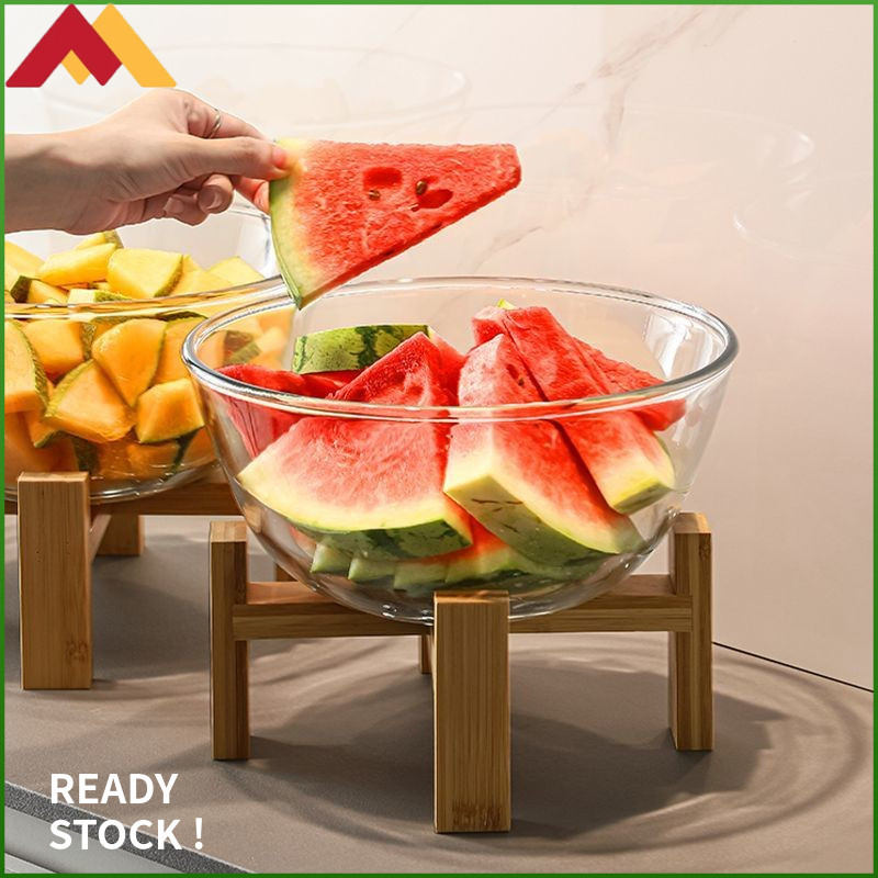 Oversized Glass Basin Fruit Bowl Bamboo Wooden Rack Tall Vegetable ...
