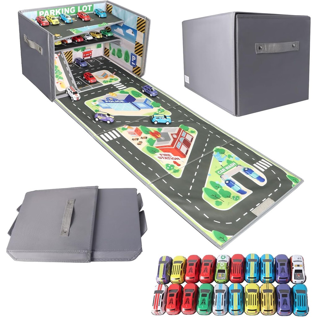LPQKCcY Toy Car Storage, Car Play Mat with 20 Cars, Kids Storage Boxes ...