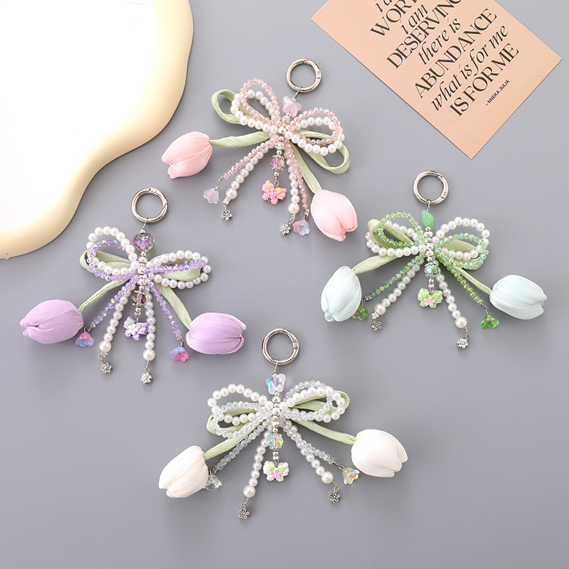 NEW INS Tulip Flower Keychain Bag Pendant Charms Pearl Key Ring Phone ...
