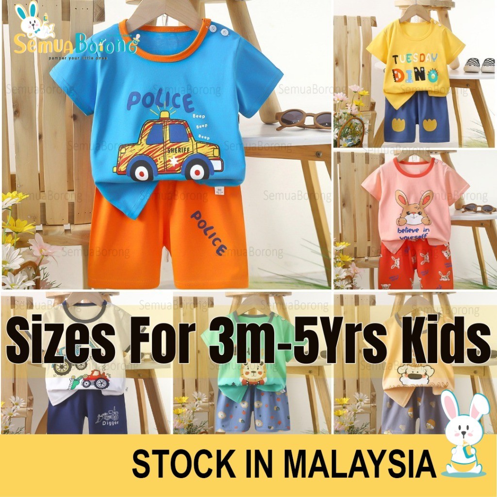 (3m-5yrs) Kids Short Sleeve Clothes Set Baju Budak Lelaki Perempuan ...