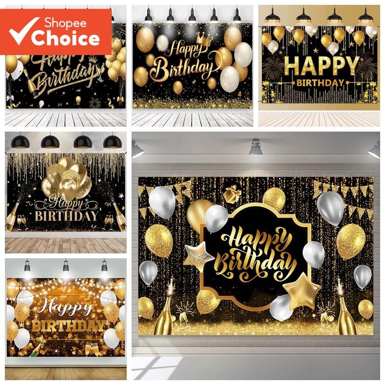 Gold Glitter Happy Birthday Party Backdrop For Photo Black Adult 18 20 30 40 50 60st Birthday ...