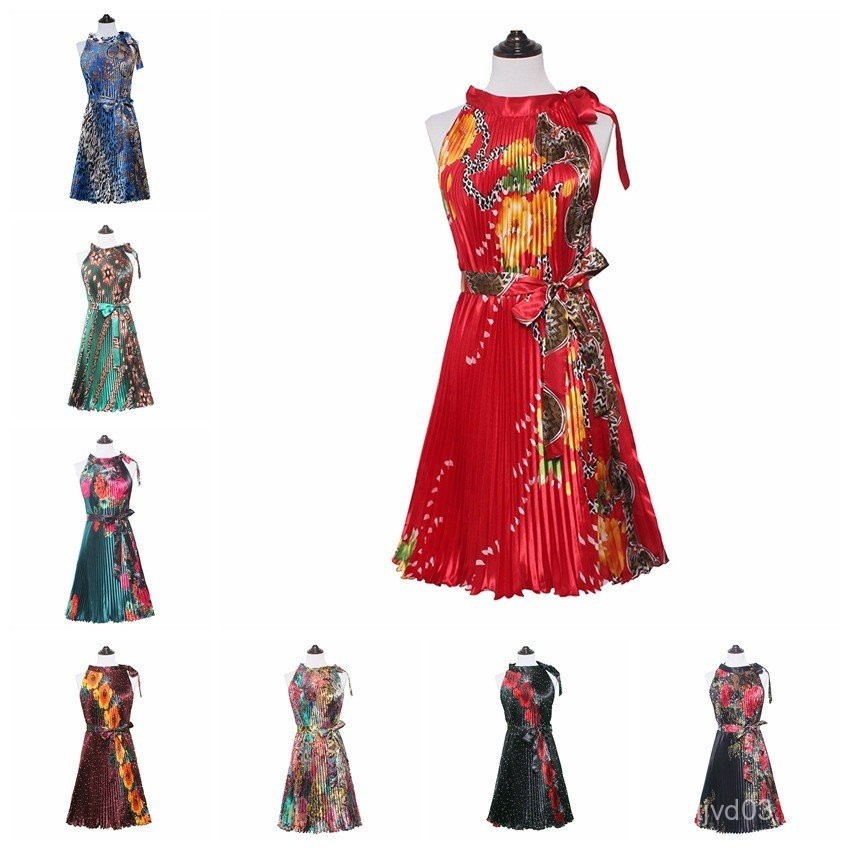 Pakaian Bunga untuk Wanita Pakaian Berlipat Satin Bercetak Pakaian Midi ...