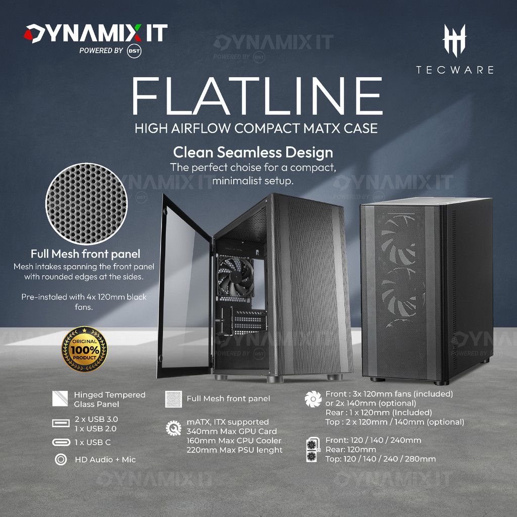Tecware FLATLINE Mesh High Airflow TG m-ATX Case - Black Casing ...