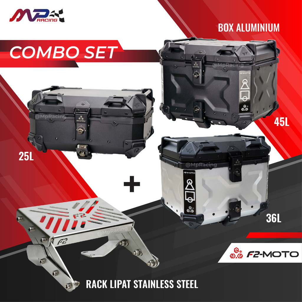 COMBO SET F2-MOTO ALUMINIUM BOX 25L,36L,45L+ F2 Rack Lipat Staineless Steel Y15/Y16/LC135/RSX ...